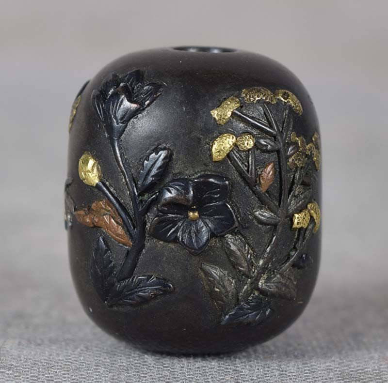 19c Multimetal Ojime Netsuke Slide Various Flowers Auction
