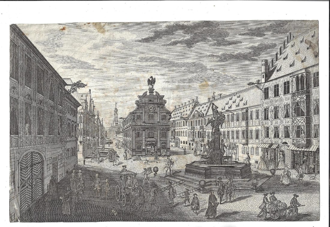 1750 Large Engraving German Town Square Auction