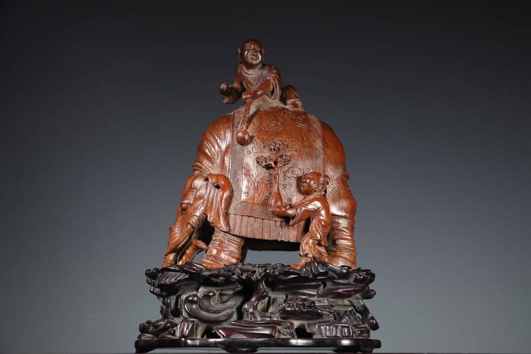 Chinese Bamboo Carved Elephant & Urchin Statue W Zitan Wood High Relief ...
