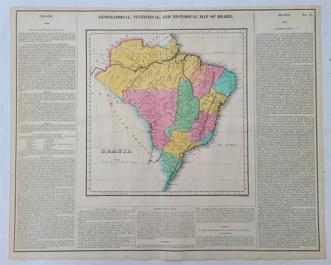 1822 Map Of Brazil Geographical Statistical Historical # 48 Antique 17. ...