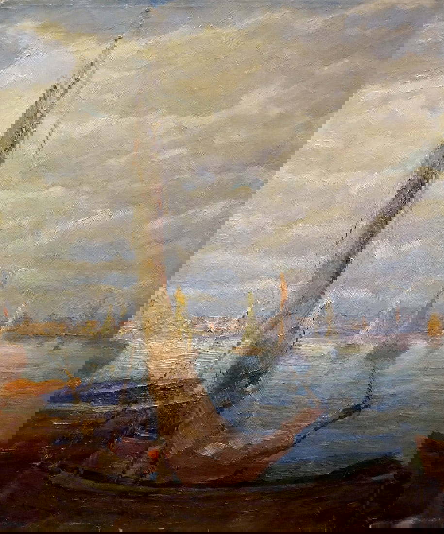 Oil Painting Boats In The Port Auction