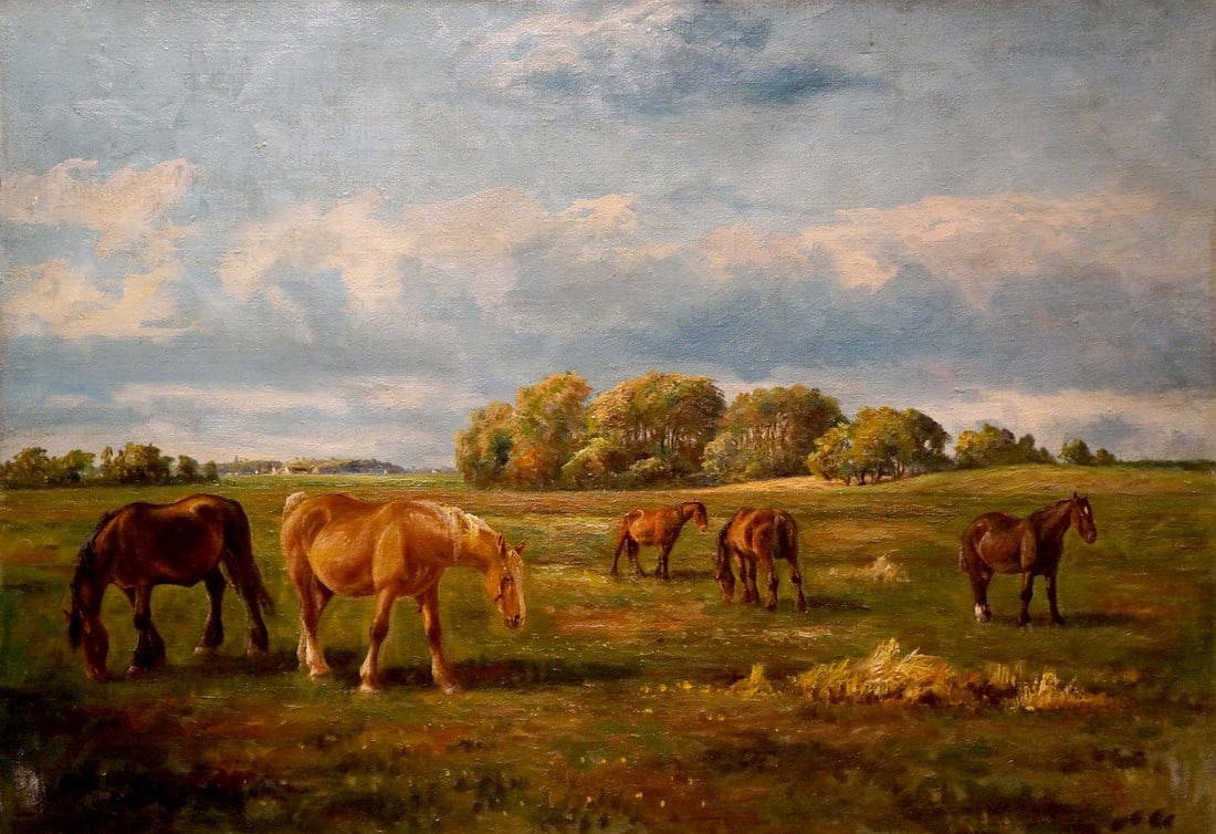 Oil Painting Horses Graze Auction