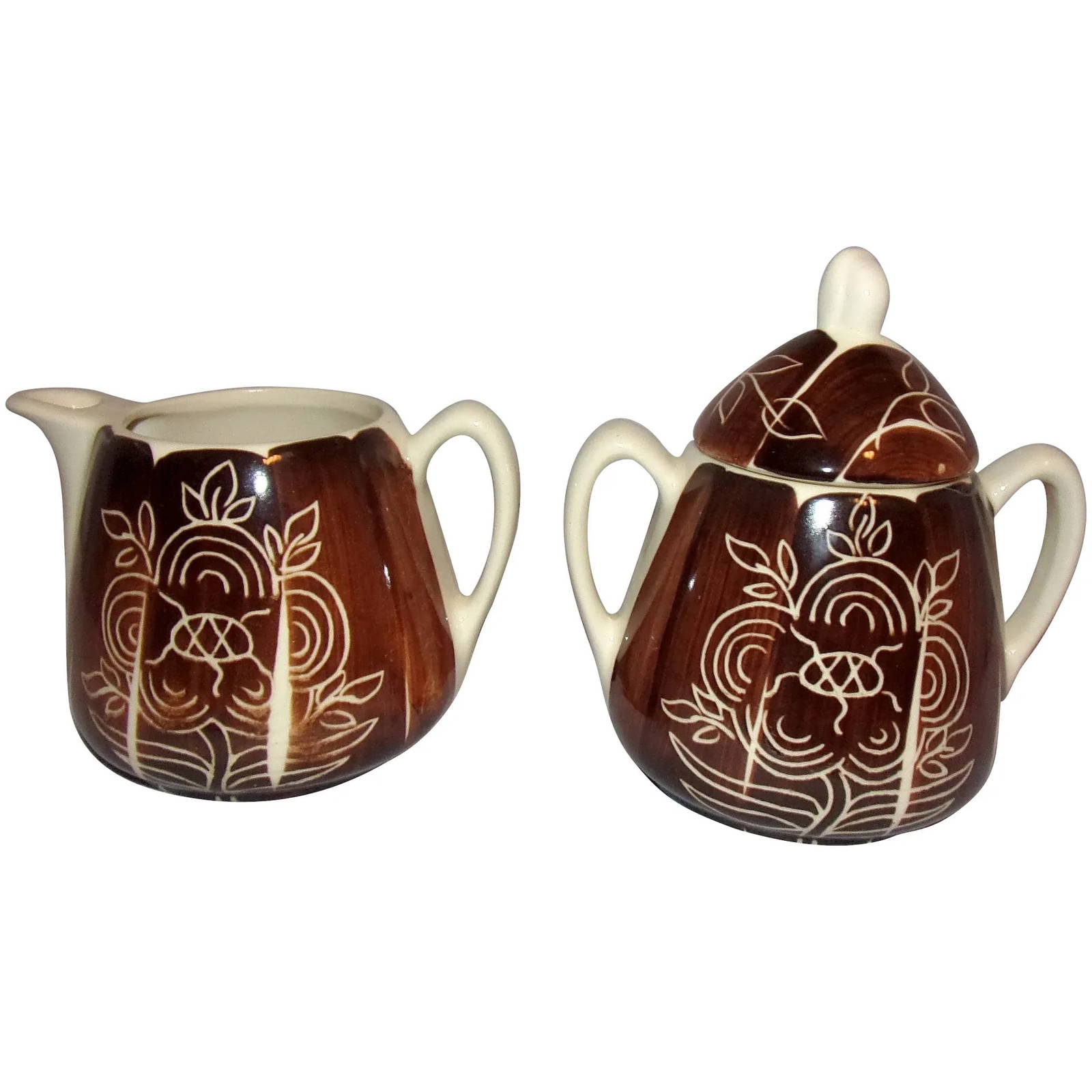 3 Piece Set Of Purinton Intaglio Brown Pottery- Sugar And Creamer Auction