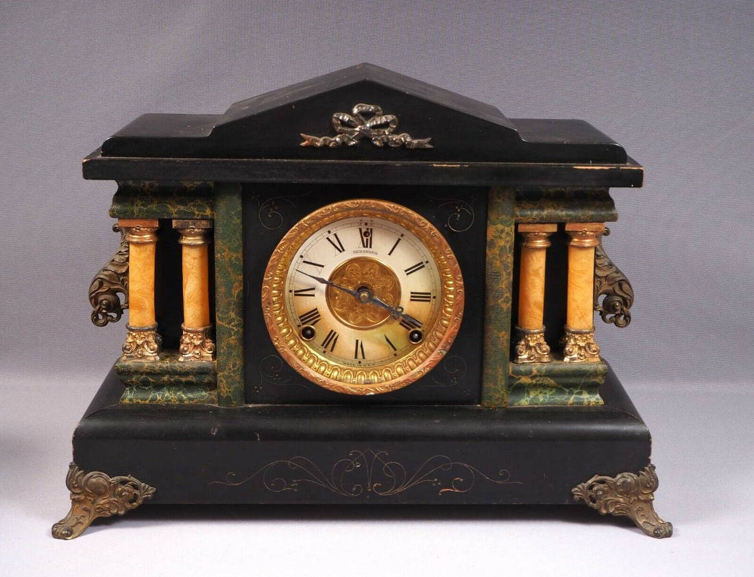 Antique Sessions 8 Day Wood Case Mantel Clock Columns Works Original ...