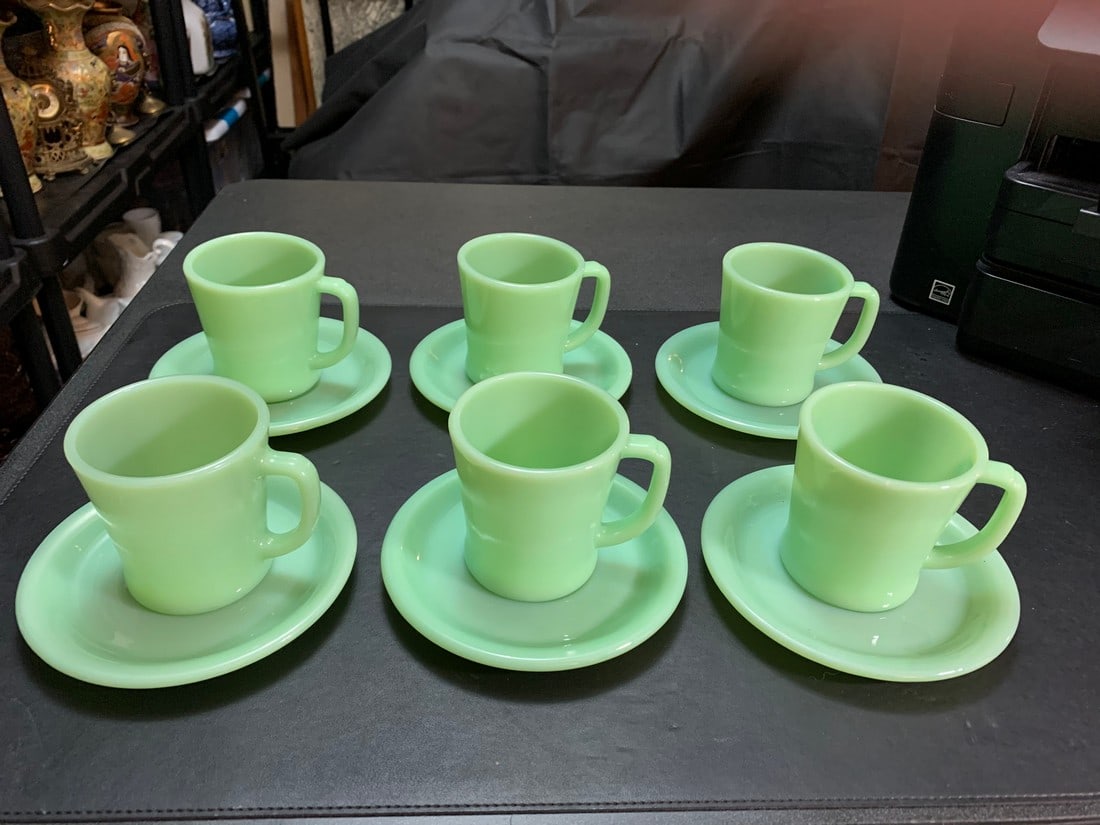6 Fire King Jadeite Mugs, D Handle Cups Restaurant Ware With Saucers ...