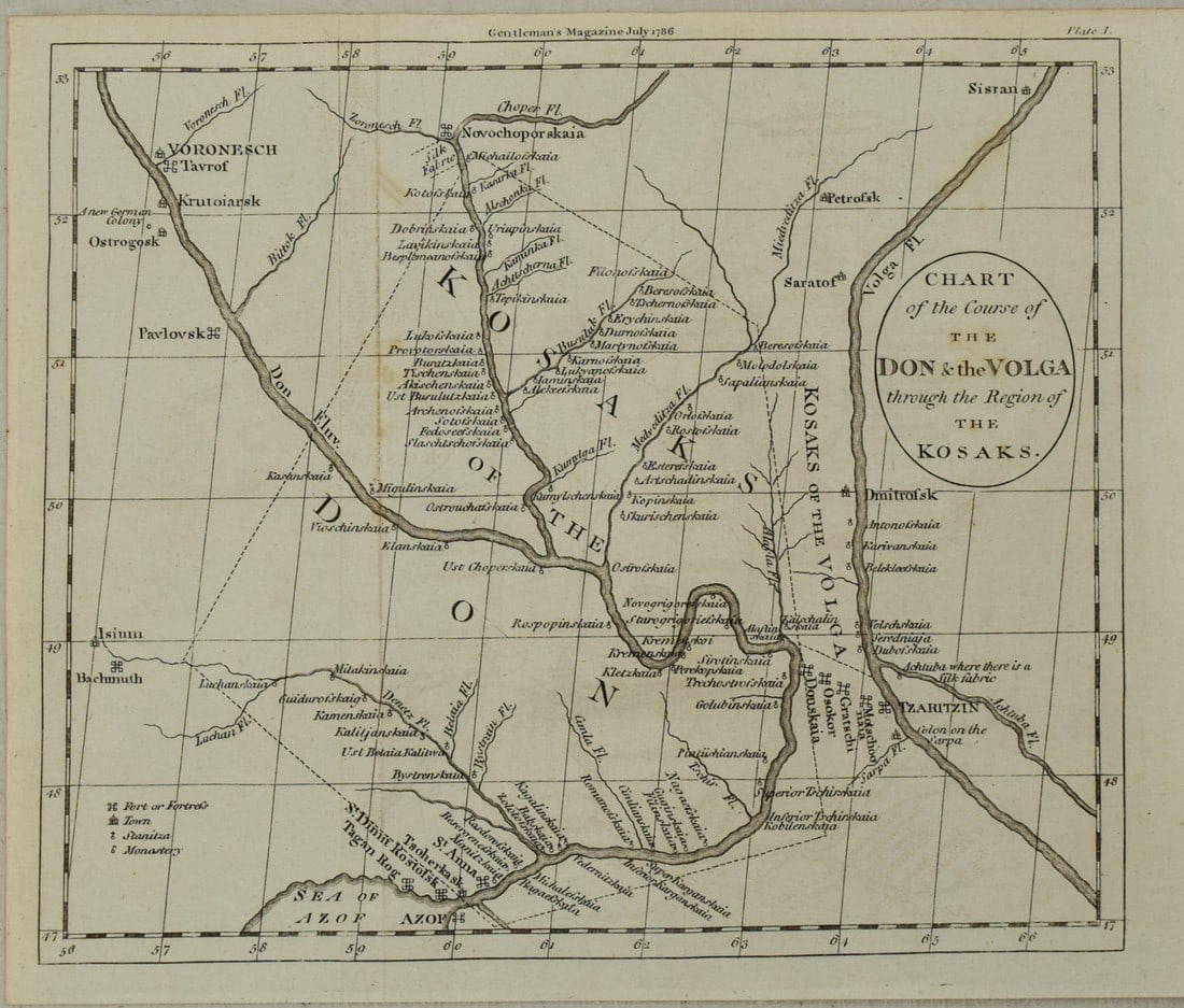 1786 Gentleman's Magazine Map Of Cossack Region By The Volga And Don ...