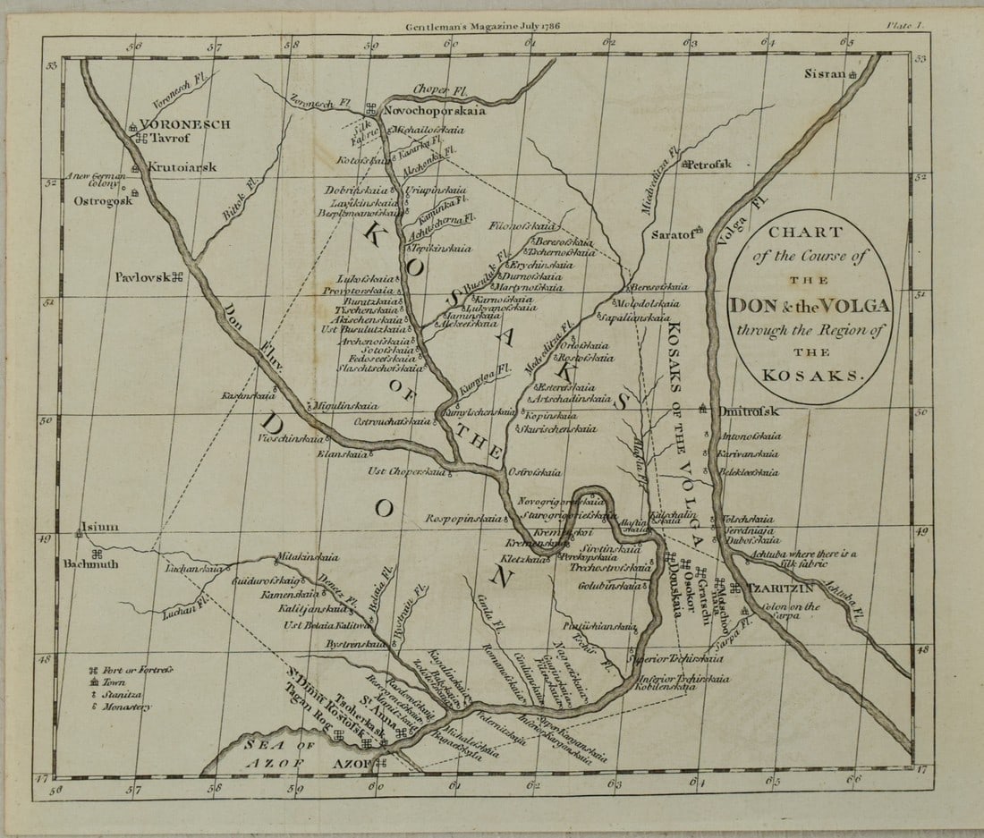 1786 Gentleman's Magazine Map Of Cossack Region By The Volga And Don ...