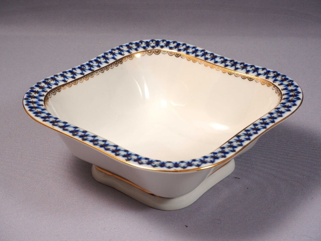 Lomonosov Russian Porcelain Cobalt Net Open Square Serving Bowl Gold ...