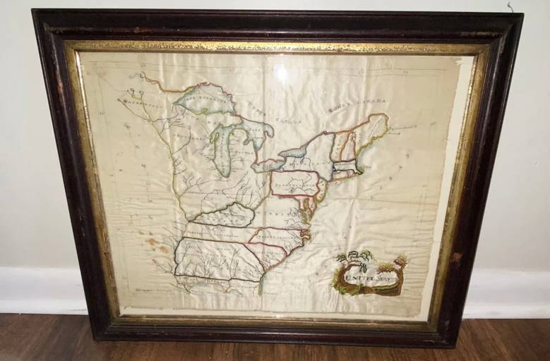 Antique 1805 Map Of The United States Of America On Silk School Girl ...