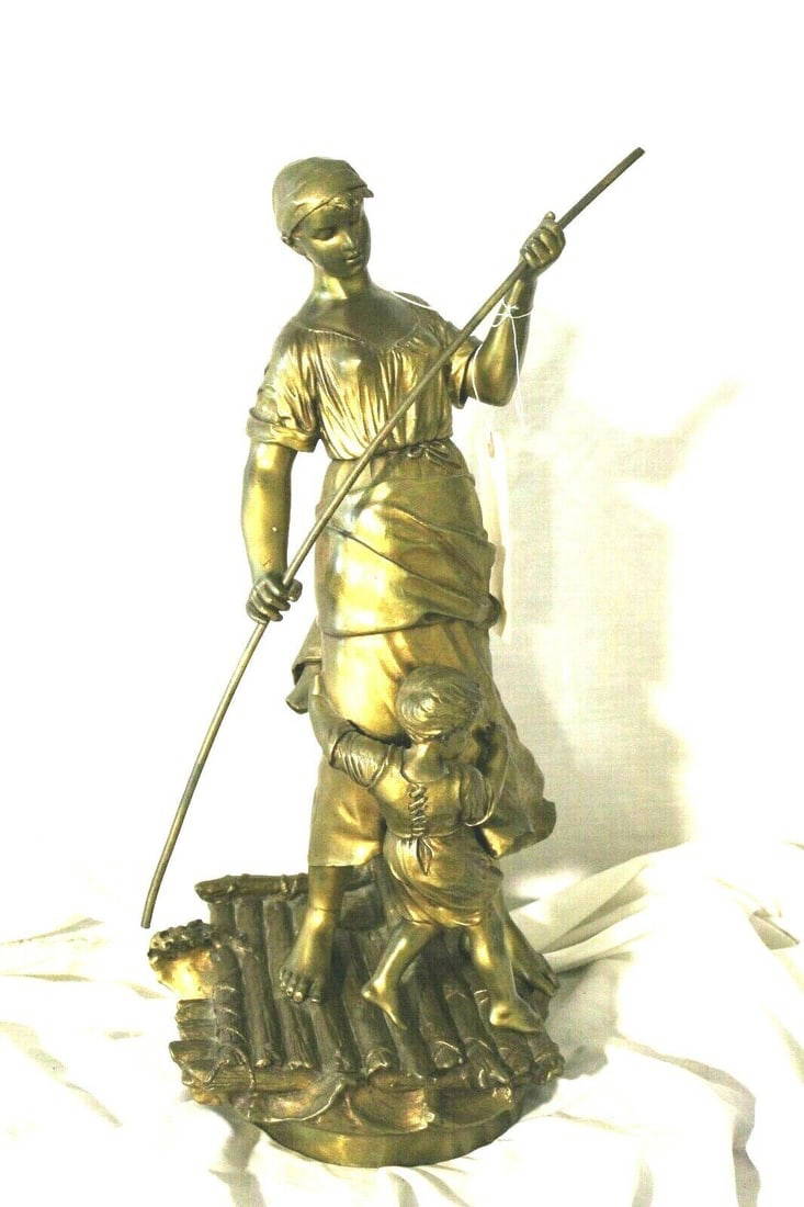 Antique Art Nouveau Bronze Lady On Raft With A Child ,signed Auction