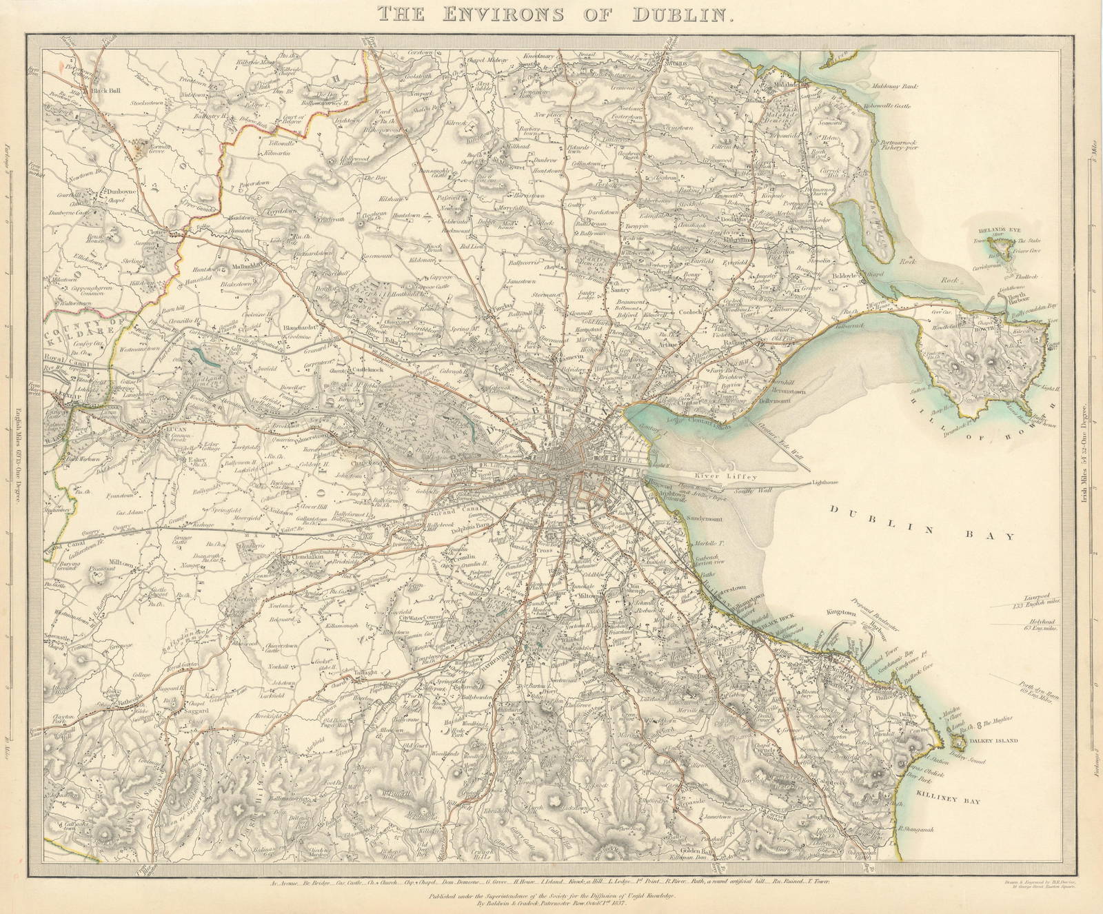 Ireland. The Environs Of Dublin. Sduk 1844 Old Antique Vintage Map Plan ...