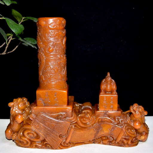Chinese Shoushan Stone Seal & Shoushan Stone Stand Chinese Shoushan Stone Seal & Shoushan Stone Stand