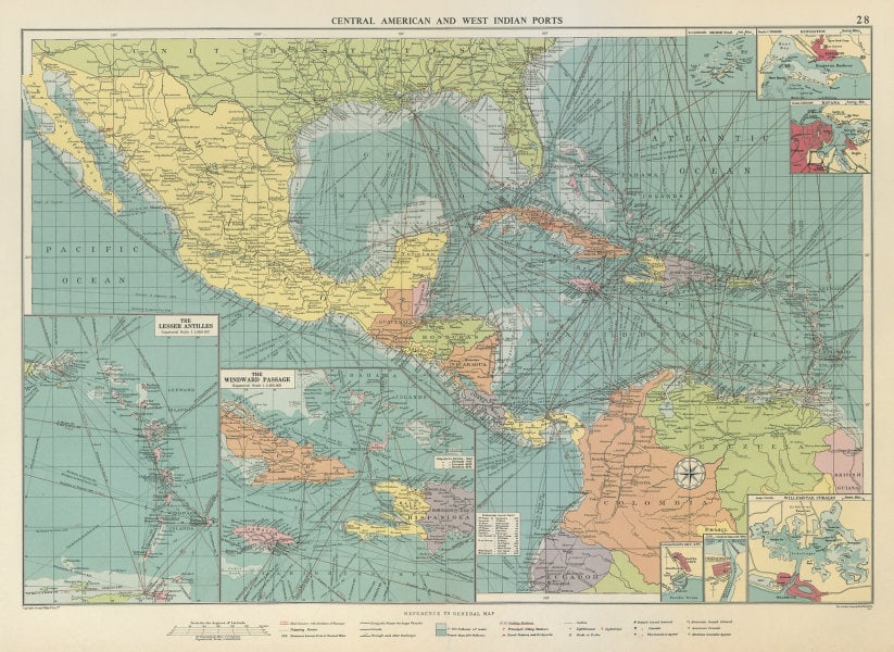 Central America Caribbean Gulf Of Mexico Chart Ports Lighthouses Large ...