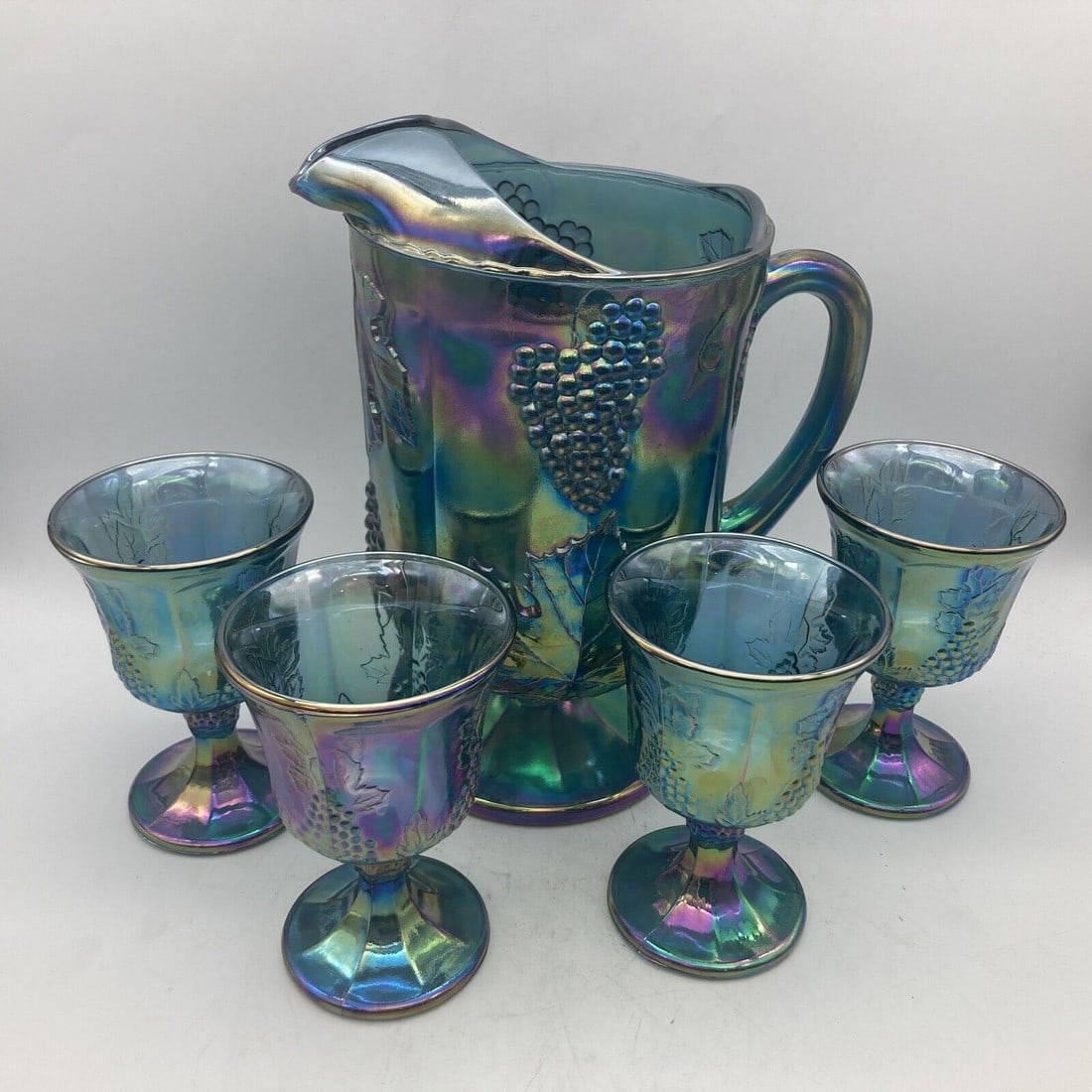 Vintage Indiana Blue Carnival Glass Pitcher And Tumbler Set Harvest ...