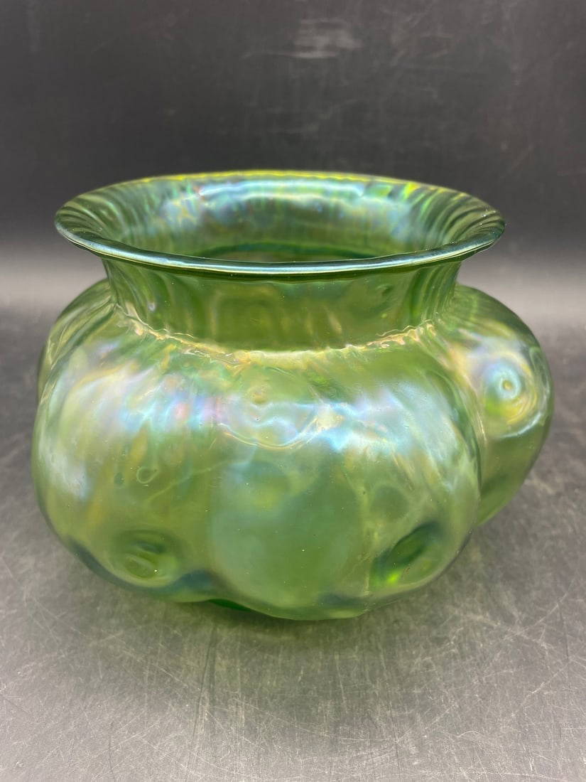 Rare Loetz Uranium Blown Glass Rusticana Bulbous Green Iridescent Vase