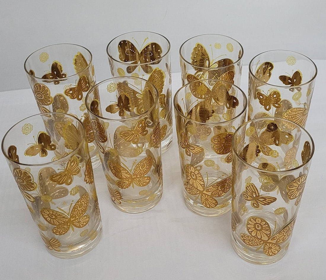 Vintage Butterfly Culver Drinking Glasses 8 Barware High Ball Raised