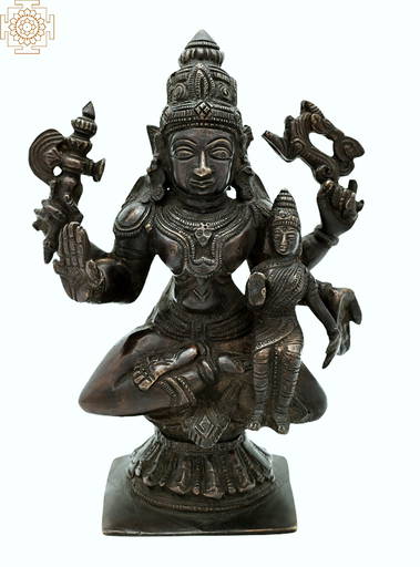7" Shiva As Pashupatinath With Goddess Parvati On His Lap In Brass