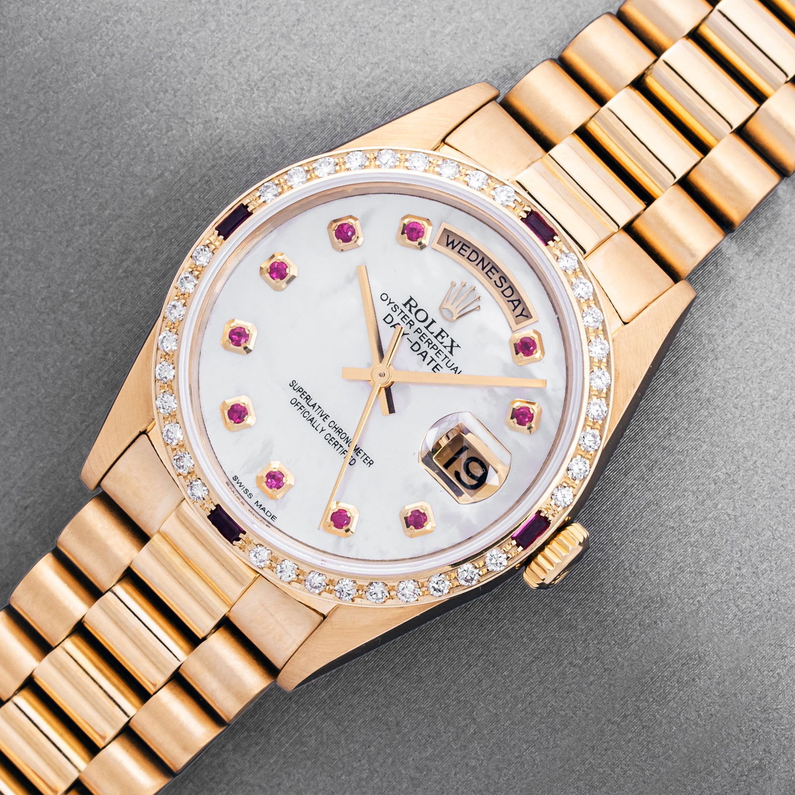 Buy Rolex Mens Day-date President 18k Gold Mop Ruby Dial Diamond Ruby ...