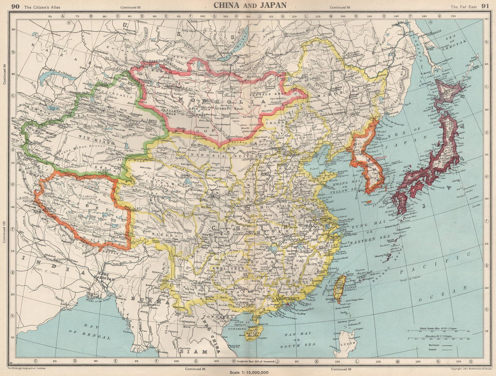 East Asia. Shows Independent Tibet & Sin-kiang (xinjiang) . Korea 1952 ...