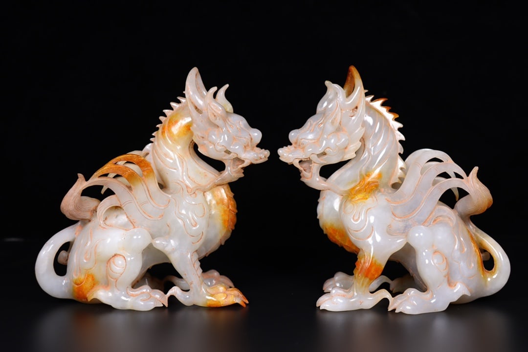 A Pair Chinese Han Dynasty Hetian Jade Dragon Statue Auction