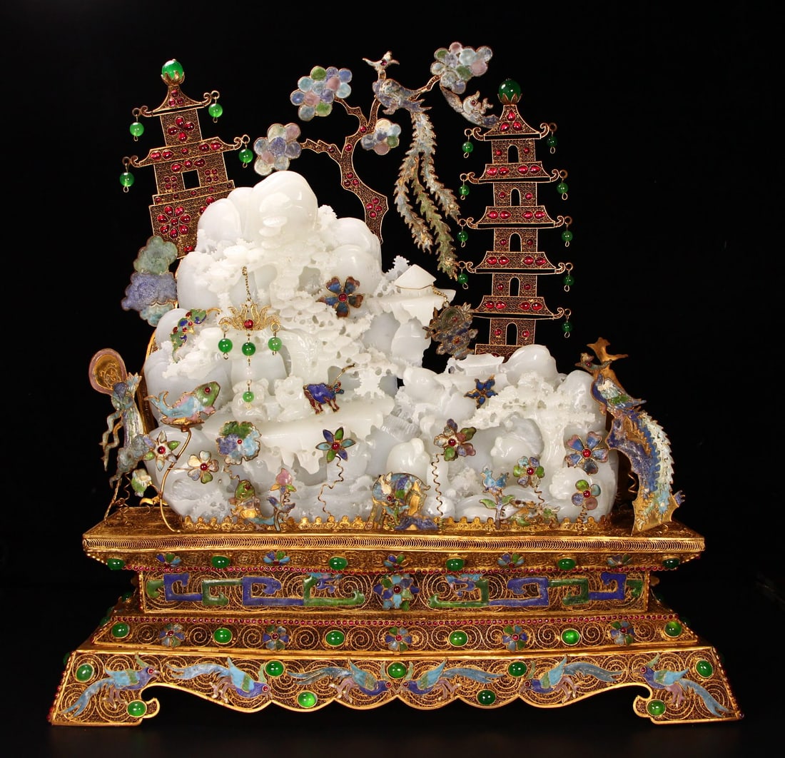 Exquisite Chinese Gold Wires Enamel Inlay Hetian Jade & Gem Statue Auction