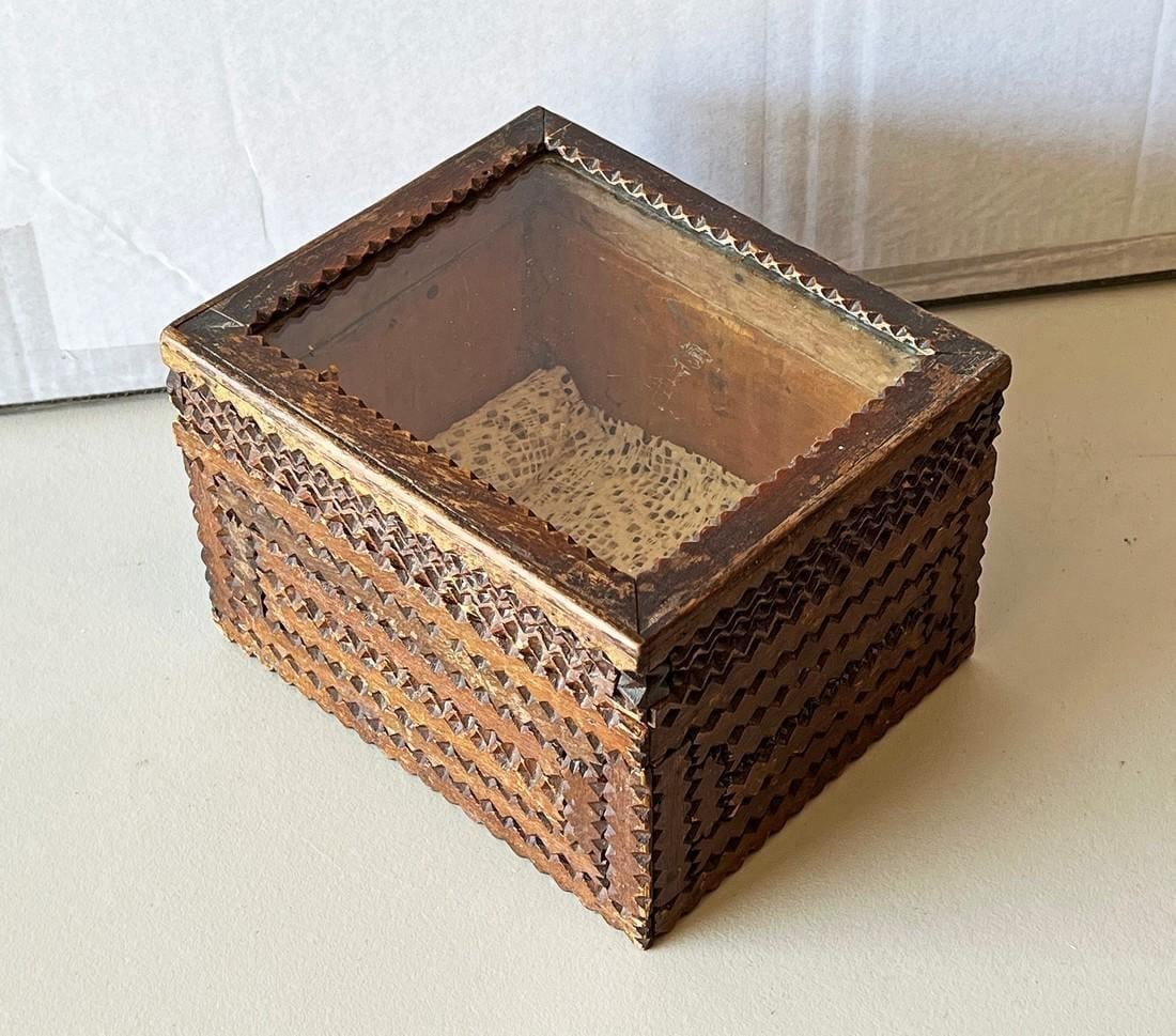 Tramp Art Display Box With Glass Top Auction