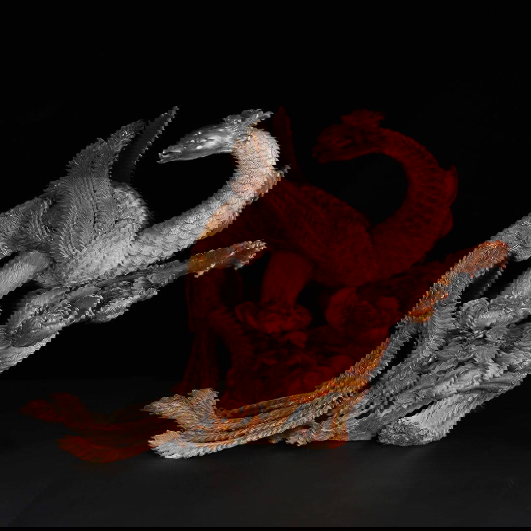 Old Chinese Ox Horn Phoenix & Peony Statue Auction