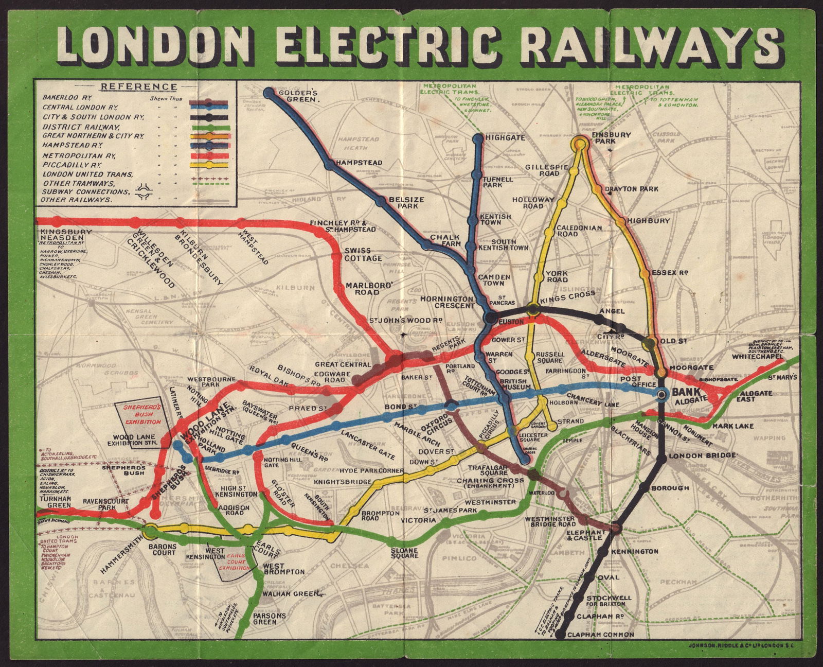 London Electric Railways. Underground Tube Network Map 1909 Old Antique ...