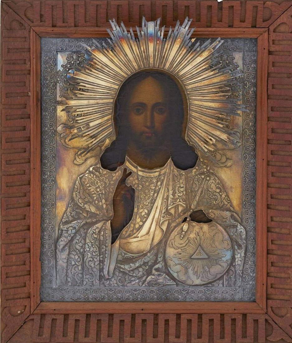 Antique 19c 84 Silver Hand Painted Russian Icon Christ Pantokrator Gold ...