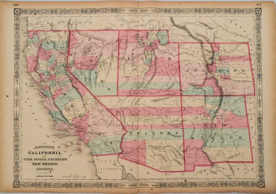1864 Johnson Map Of Us West -- Johnson's California, With Utah, Nevada ...