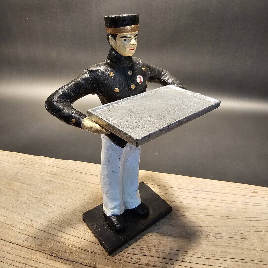 9" Cast Iron Bellhop Butler Card Holder Statue Auction