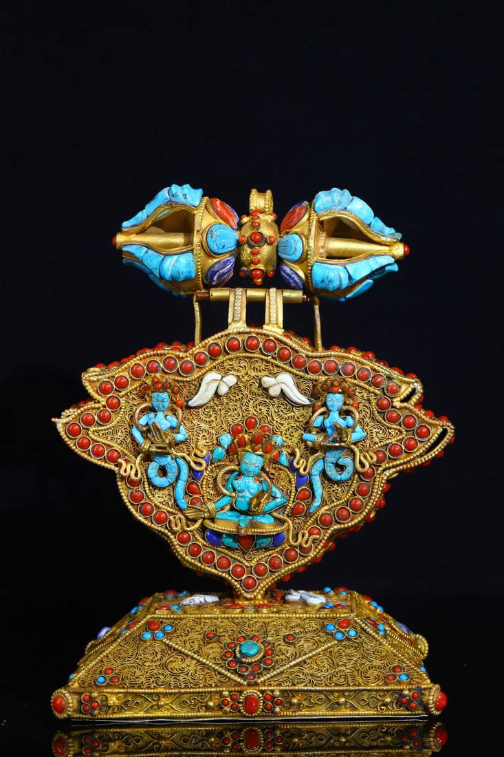 Buy Tibetan Buddhism Pure Silver Gilt Gold Inlay Turquoise & Gem Gawu ...