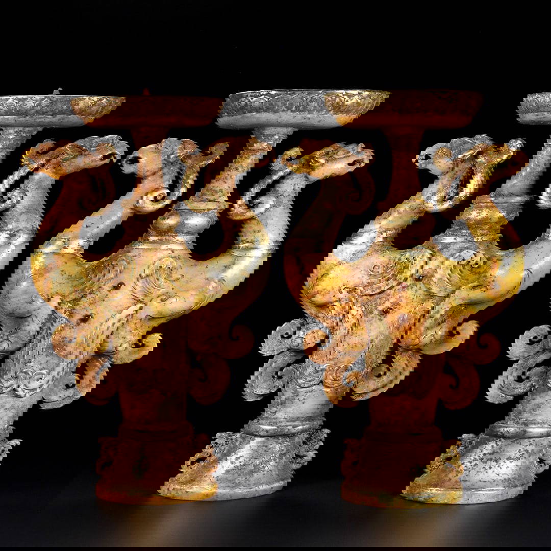 A Pair Old Chinese Gold Inlay Hetian Jade Phoenix Candlestick Auction