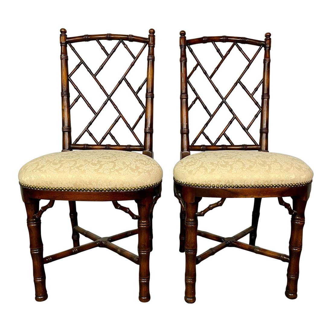 Pair Of Bamboo Side, Desk Chairs, Damask Upholstery, Brass Tack ...