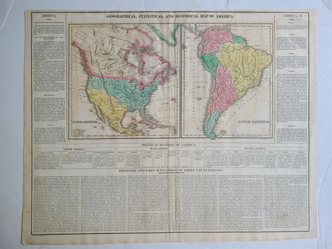 1822 Map Of North & South America Geographical Statistical Historical ...
