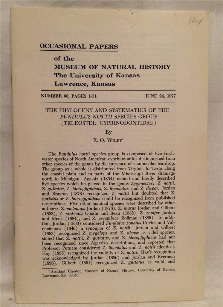 1977 Phylogeny Systematics Of Fundulus Nottii Species Fish E.o. Wiley ...