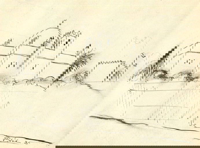 Vintage Ink Original Drawing Landscape, Blida, Cityview, Mosque C. 1935