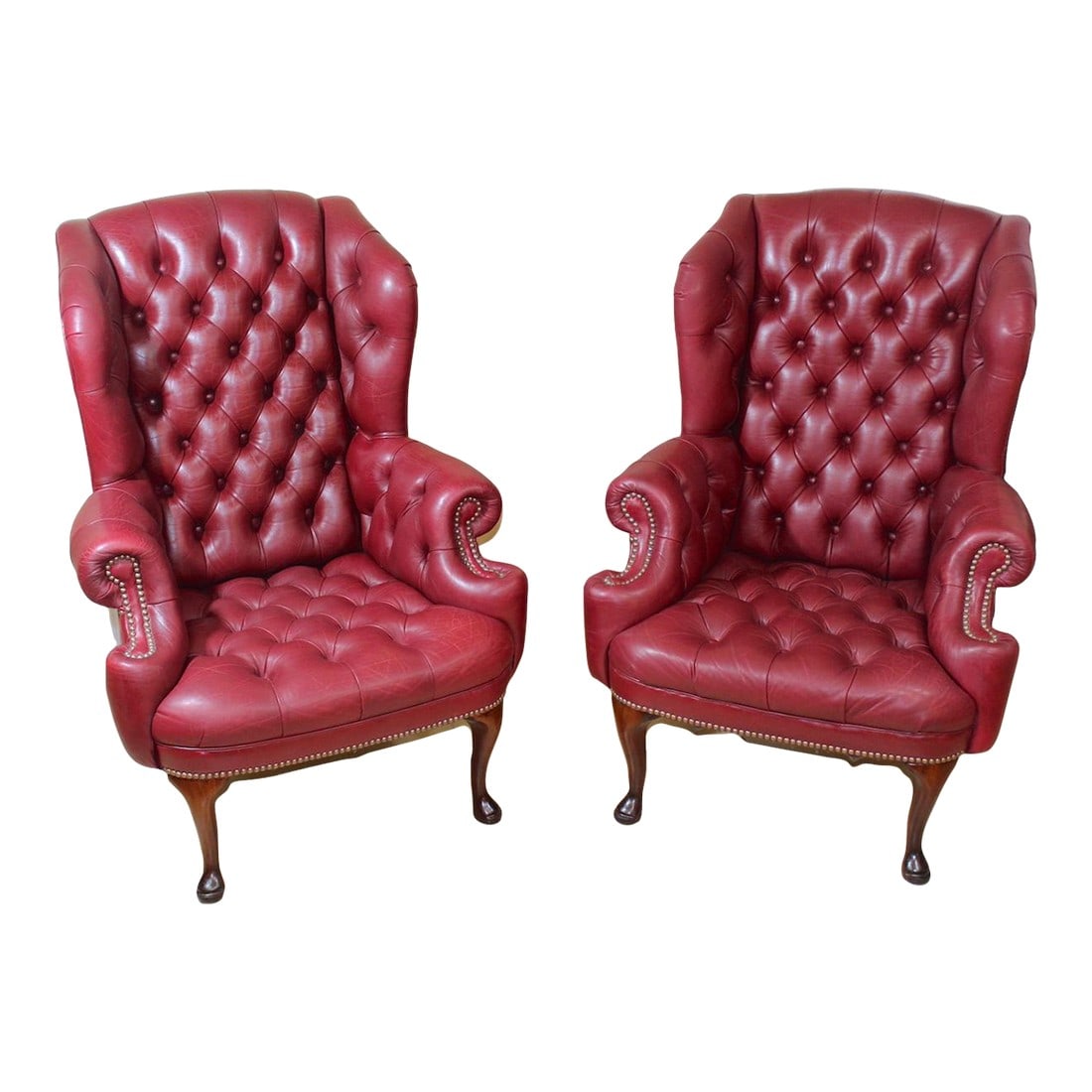 1990s St. Timothy Chair Co Burgundy Leather Tufted Wingback Library ...