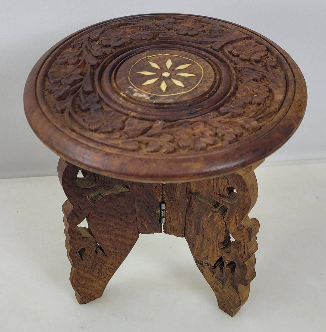 Vintage Hand Carved Wood Bohemian Indian Riser Mini Table Auction