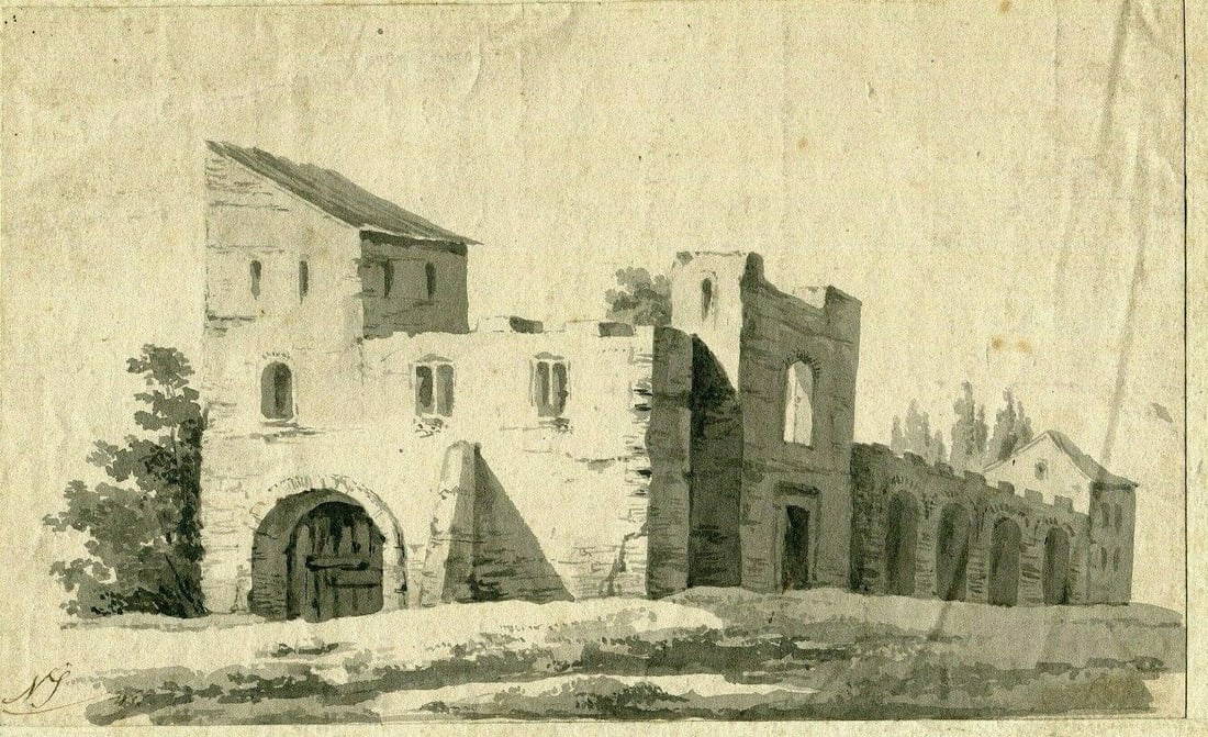 Antique Ink Drawing 19th Century Of A Ruined Building, Architecture Auction