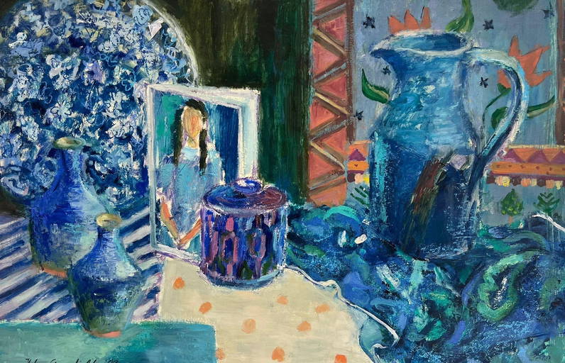 Modern Impressionist Oil Painting Blue Interior Table Scene Blue Jugs ...