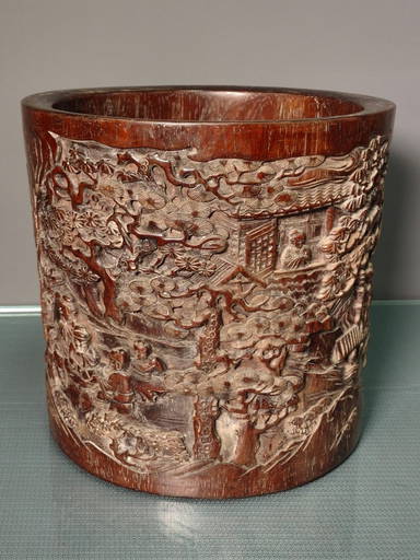 Old Chinese Zitan Wood High Relief Pine Tree & Figure Brush Pot
