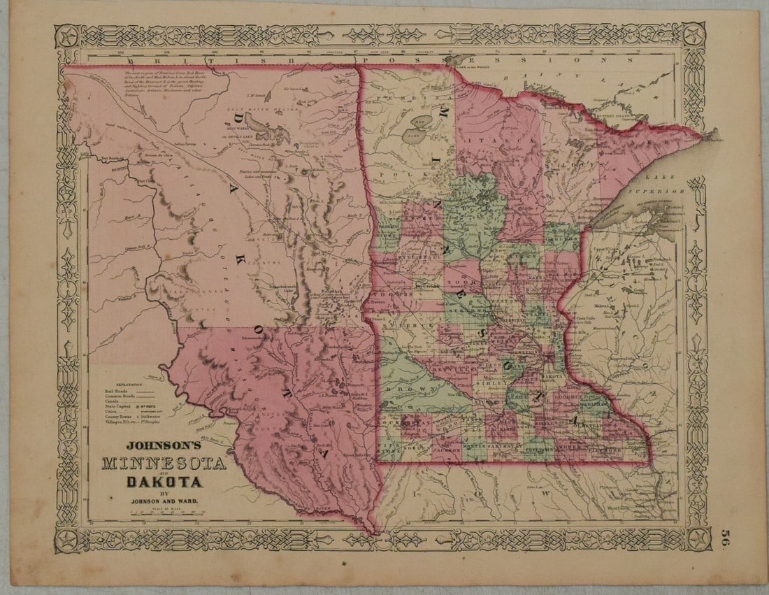 1863 Johnson Map Of Dakota Territory And Minnesota -- Johnson's ...
