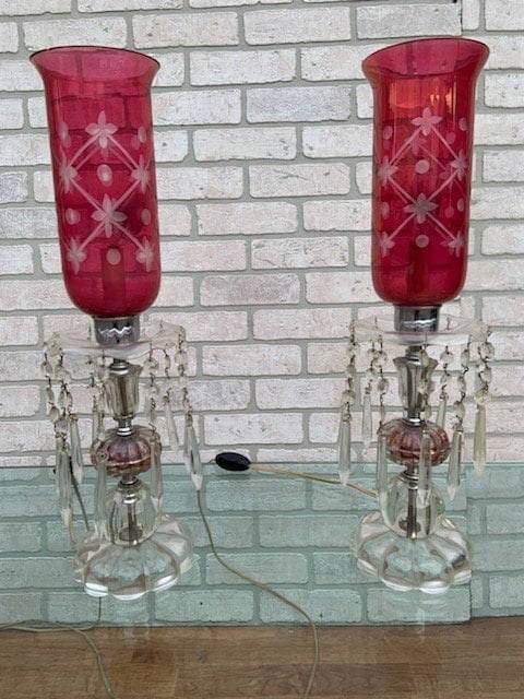 Antique Victorian Style Cranberry Glass Table Lamps - Pair Auction