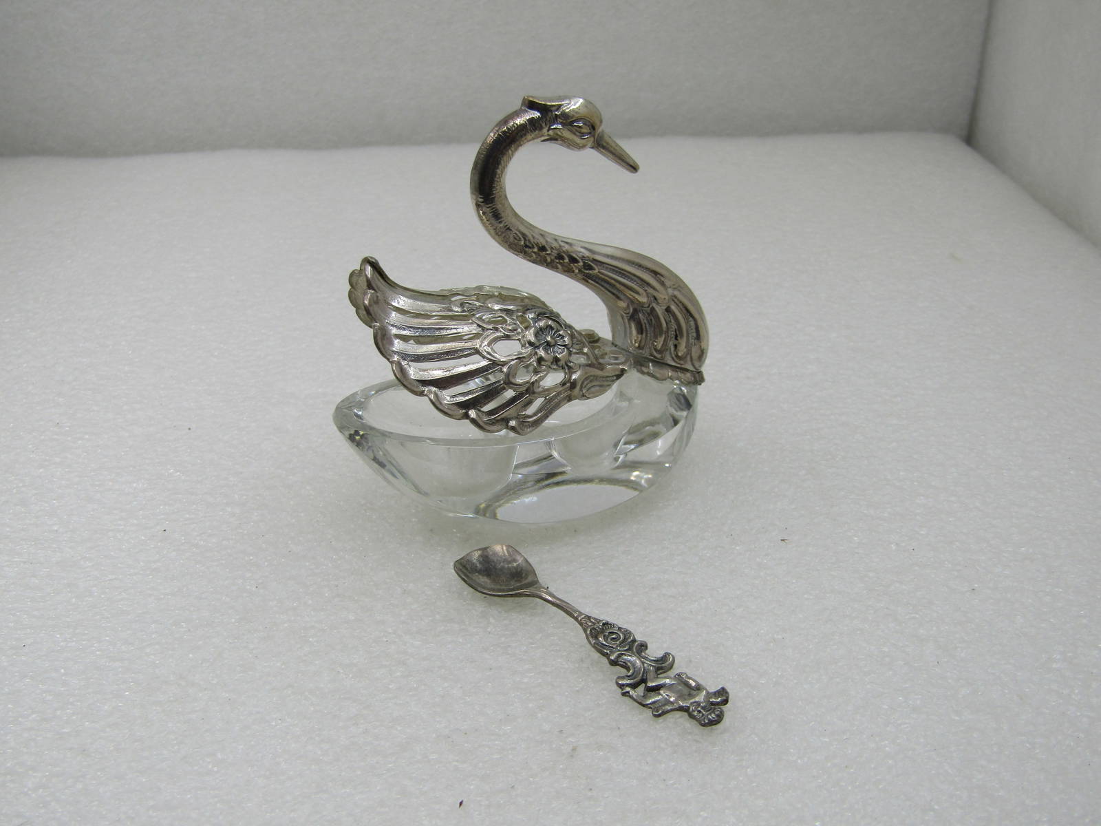 Vintage .835 Silver & Glass Swan Salt Cellar With Spoon Signed Albo Auction
