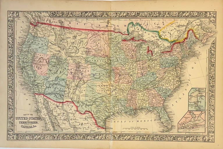 1860 Mitchell Map Of Us & Territories With Canada. Inset Of Pensacola ...
