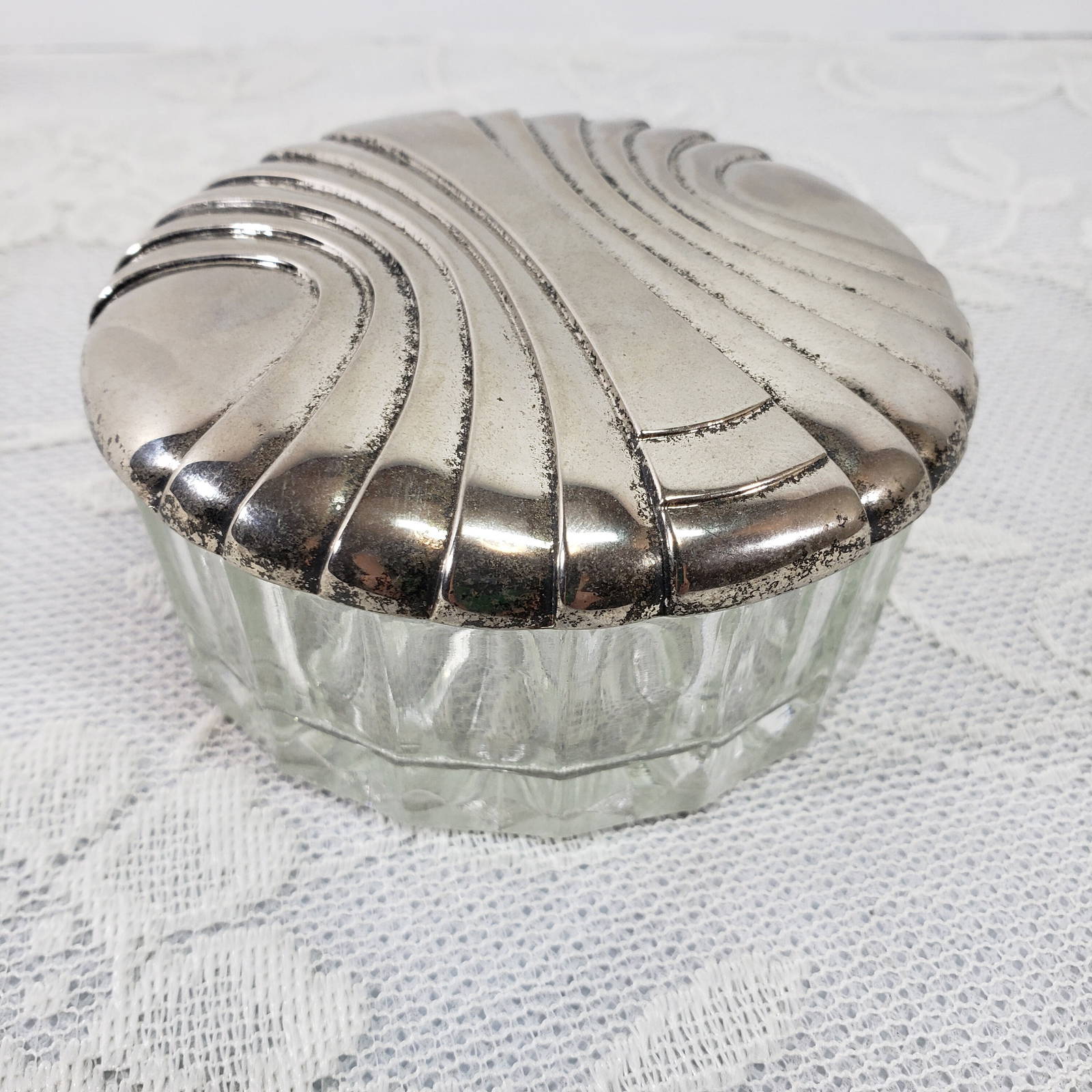 Buy Vintage Art Deco Silver And Crystal Power Puff Holder Container Jar ...