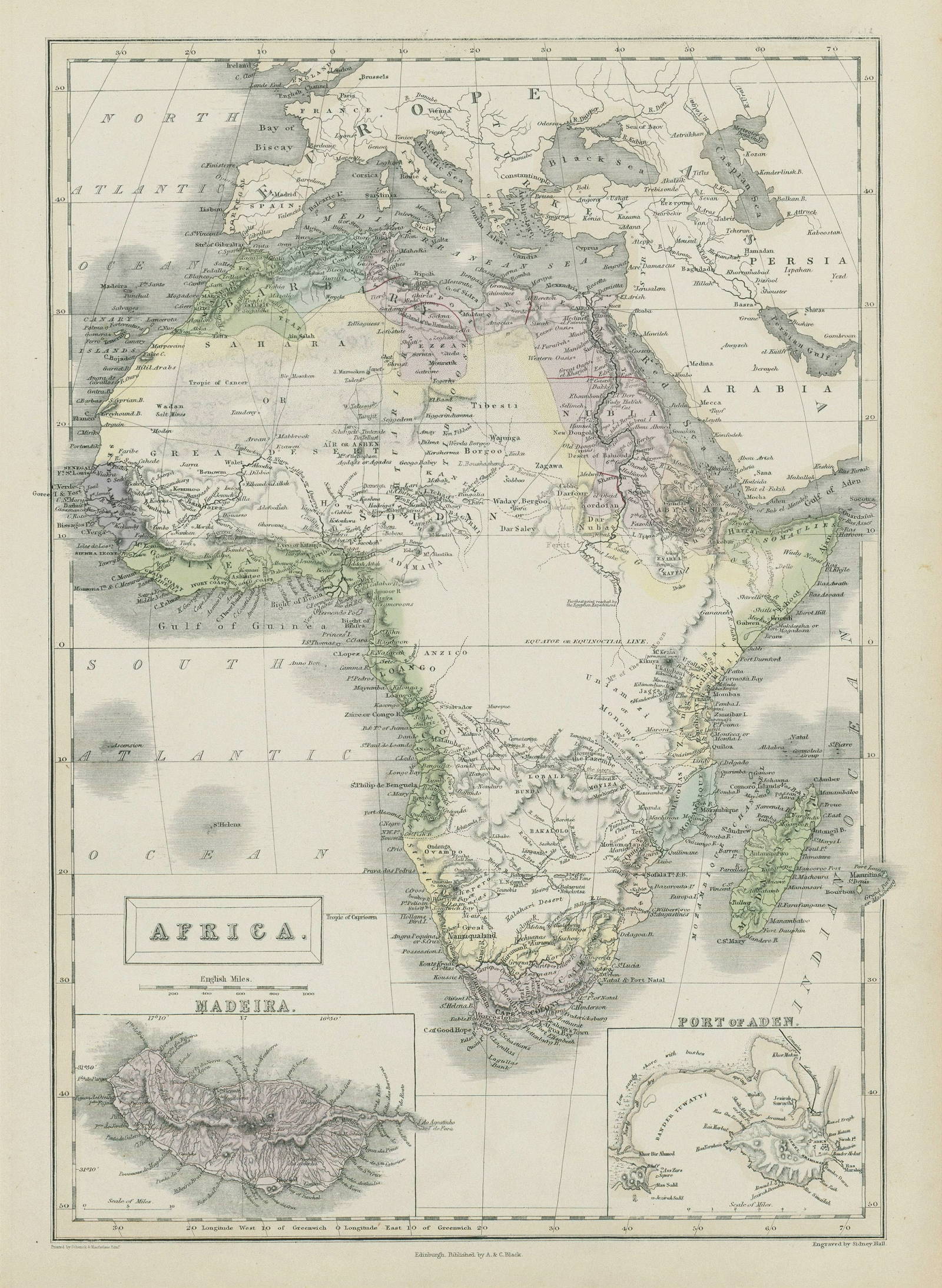 Early Colonial Africa. Inset Madeira & Aden. Sidney Hall 1856 Old Antique Map Auction