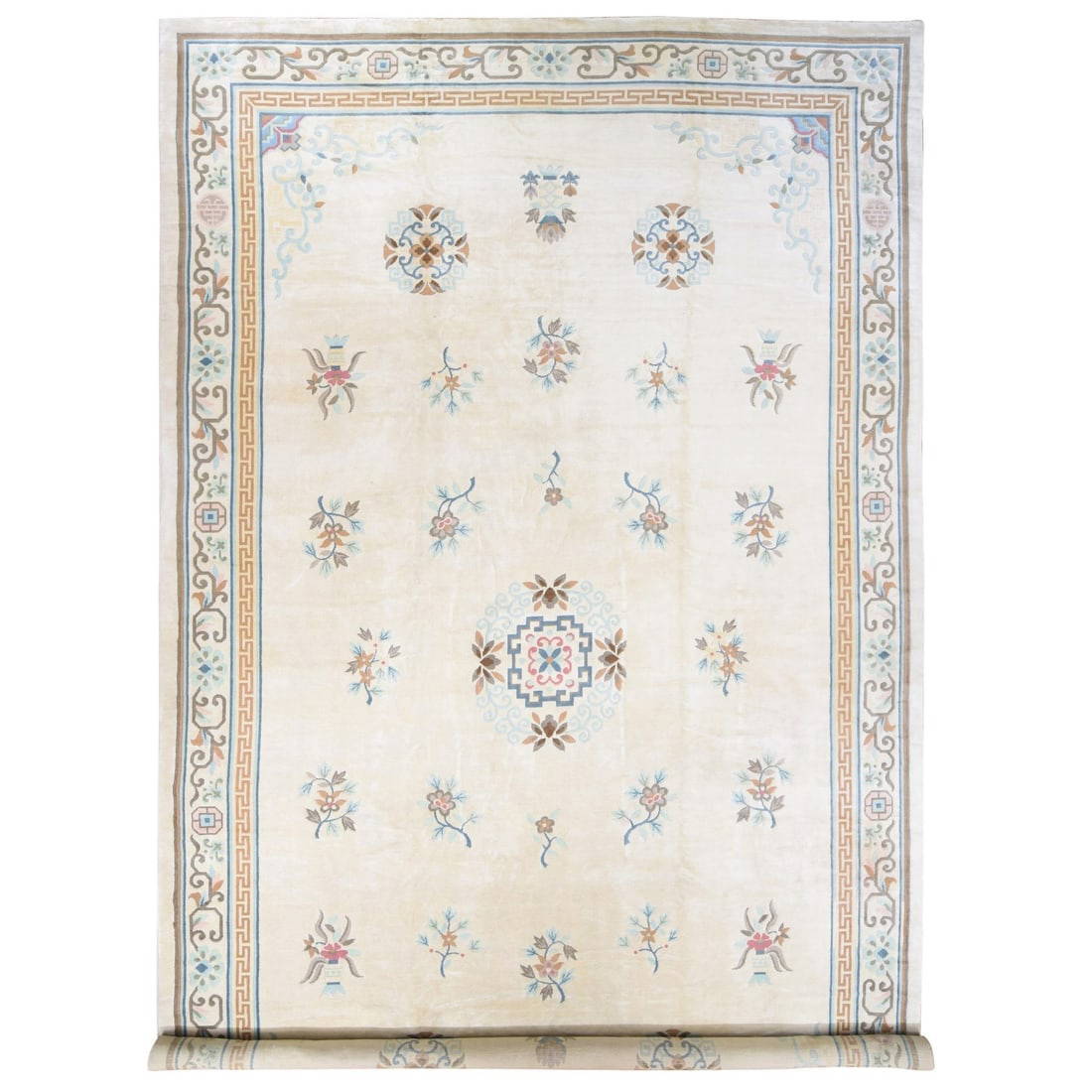 Ivory Vintage Chinese Ming Dynasty, Hand Knotted Xl Pure Wool Rug Auction