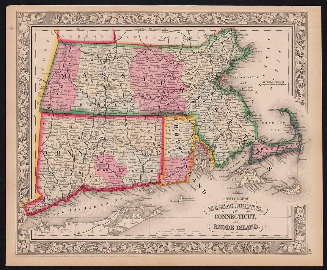 County Map Of Mass., Conn. And Rhode Island, 1863 Auction